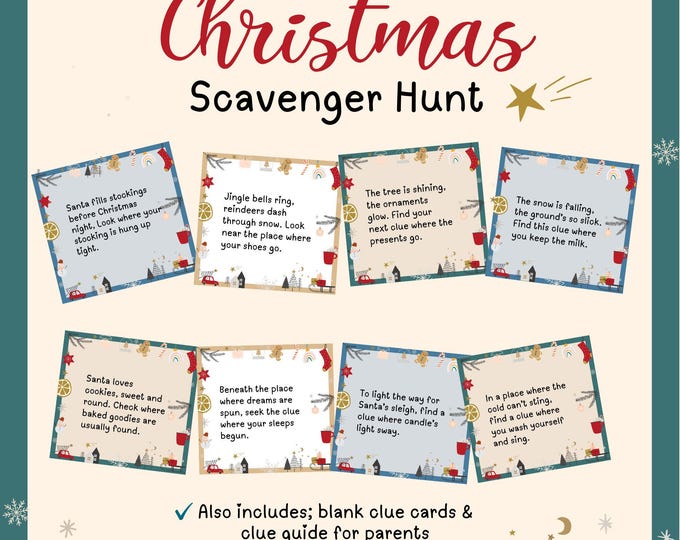 Christmas Scavenger Hunt for Kids, Indoor Holiday Treasure Hunt Clues ...