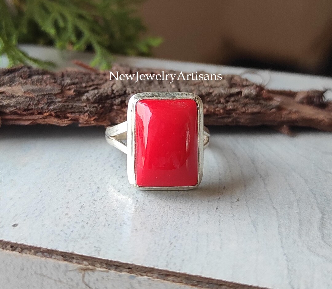 Handmade Square Red Coral Ring: Sterling Silver Gemstone Jewelry - Etsy