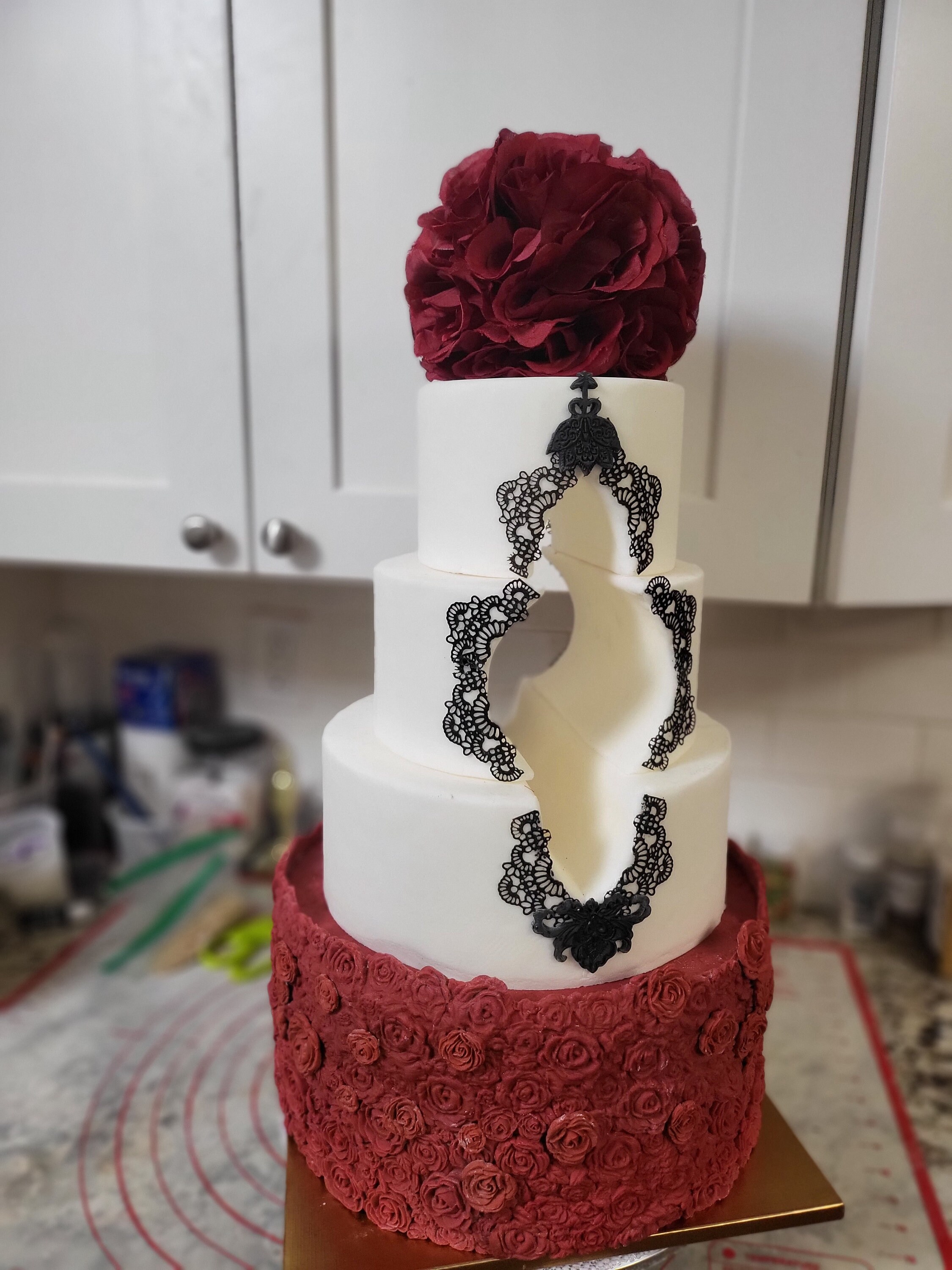 Faux 4 Tier Wedding Cake - 4 Tiers With Cutout and Rose Topper; Fake ...