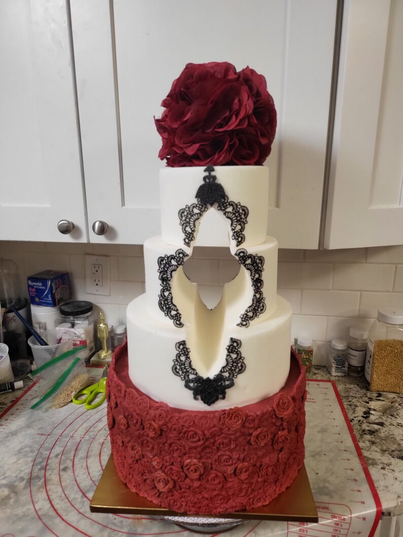 Faux 4 Tier Wedding Cake - 4 Tiers With Cutout and Rose Topper; Fake ...