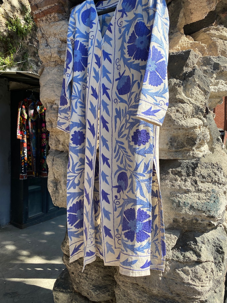 Uzbek Suzani Embroidered Caftan Suzani Long Blue Caftan - Etsy