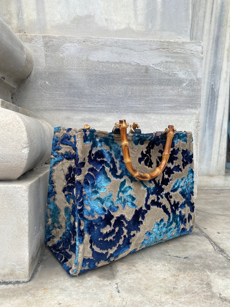 Tote Bag Velvet Navy Blue, Large Tote Traditional Boho Handmade Navy ...
