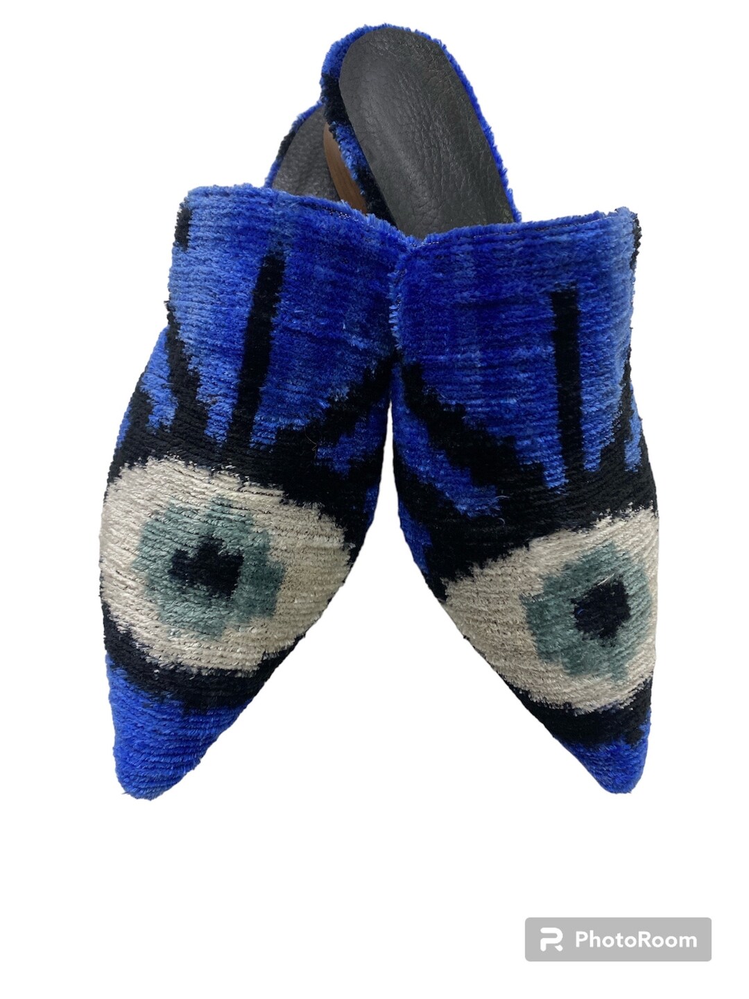 Navy Blue Eye Ikat Velvet Shoes, Evil Eye Patterned Hande Made Slipper ...