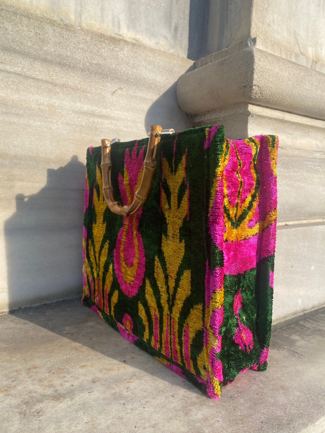 Bamboo Handle Ikat Tote Bag, Ikat Totebag With Bamboo Strapt, Ikat ...
