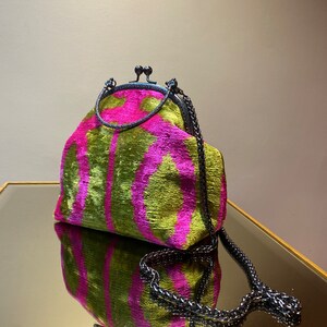 Green Red Silk Ikat Velvet Fabric Purse Bag, Uzbek Silk Velvet Textile ...