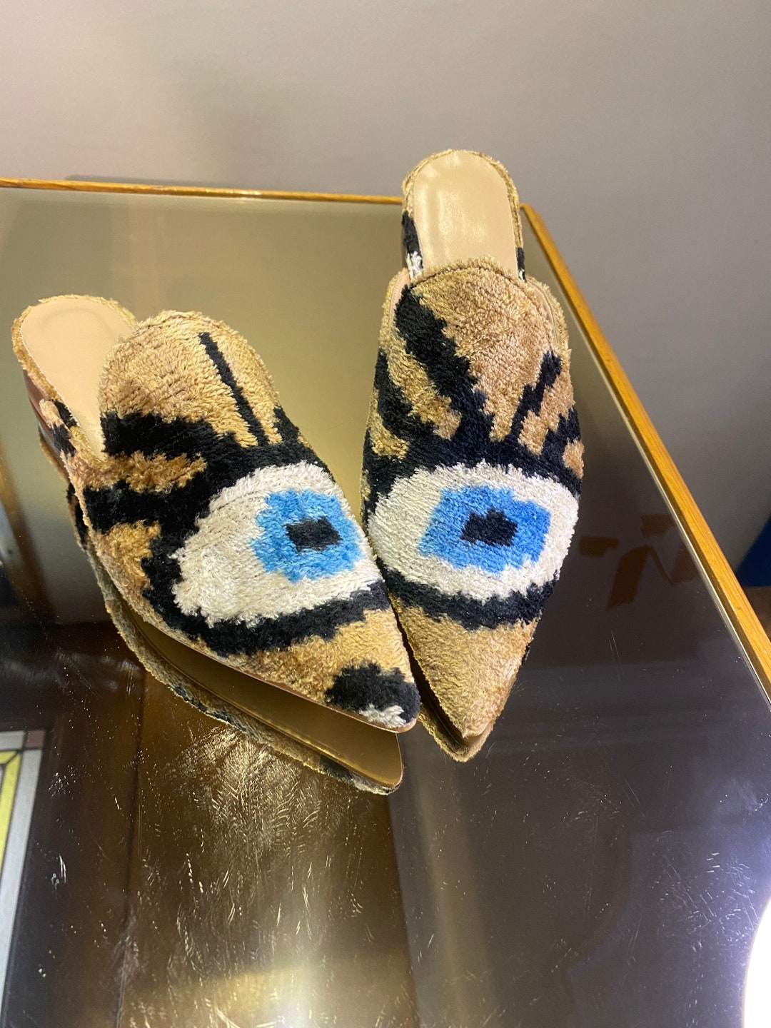 Beige Blue Eye Ikat Velvet Shoes, Evil Eye Patterned Hande Made Slipper ...