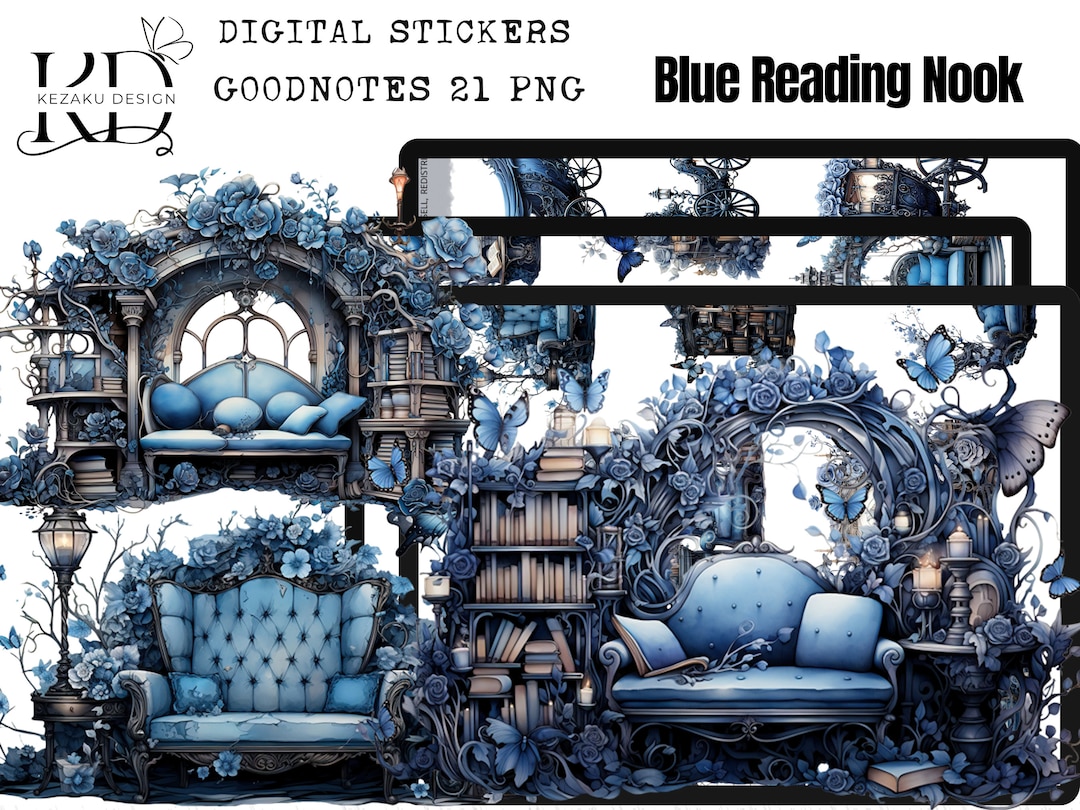 Blue Reading Nook DIGITAL Stickers, Reading Goodnotes, Blue Flower ...