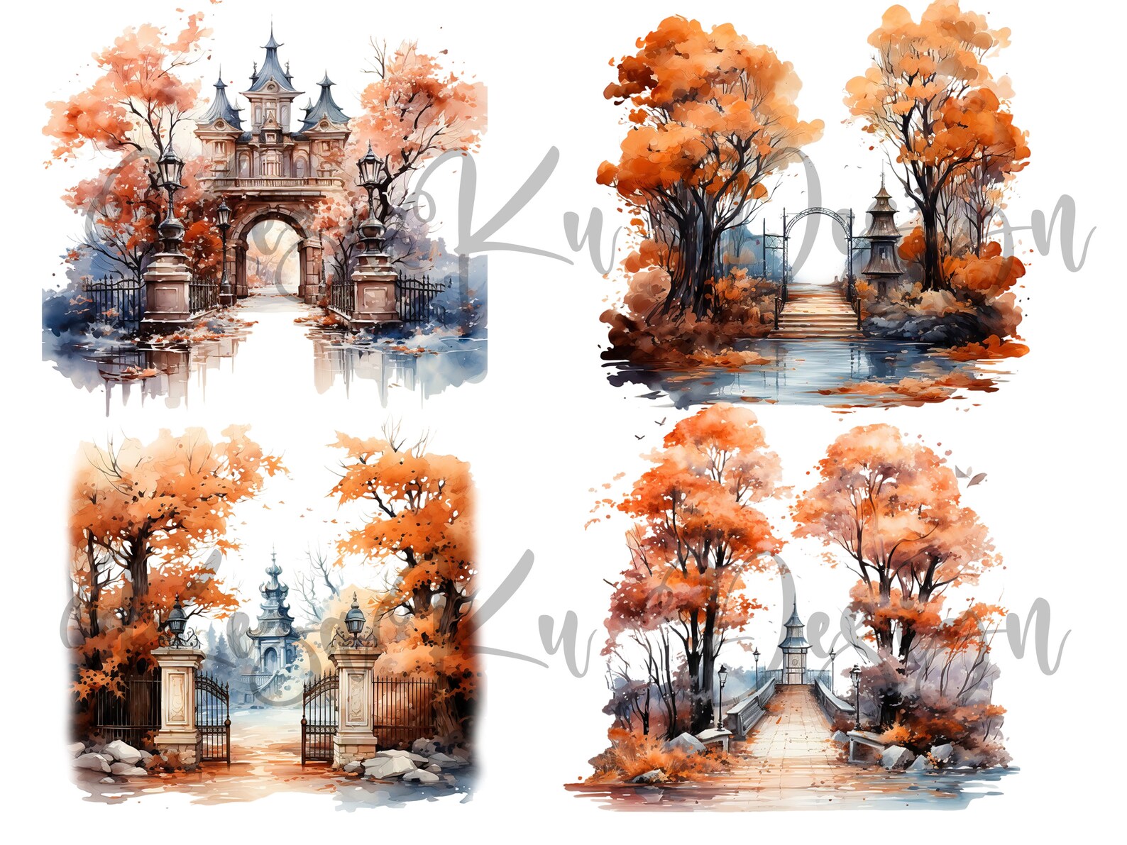 Autumn Gate Cliparts, Watercolor Gate Cliparts, Autumn Element Cliparts ...