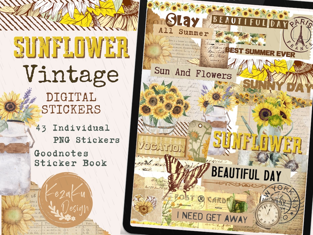 Sunflower Digital Stickers, Vintage Digital Stickers, Vintage Sunflower ...