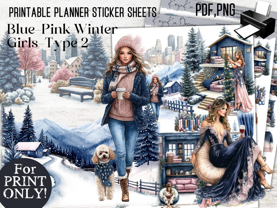 PRINTABLE Light Skin Pink Blue Winter Girl Stickers T2, Winter Girl ...