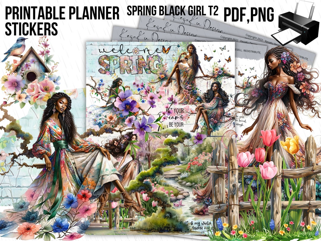Spring Black Girl Printable Stickers, Black Girl Sticker Sheets ...