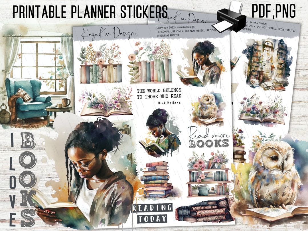 PRINTABLE Black Girl Reading Book, Reading Sticker Sets, Book Stickers ...