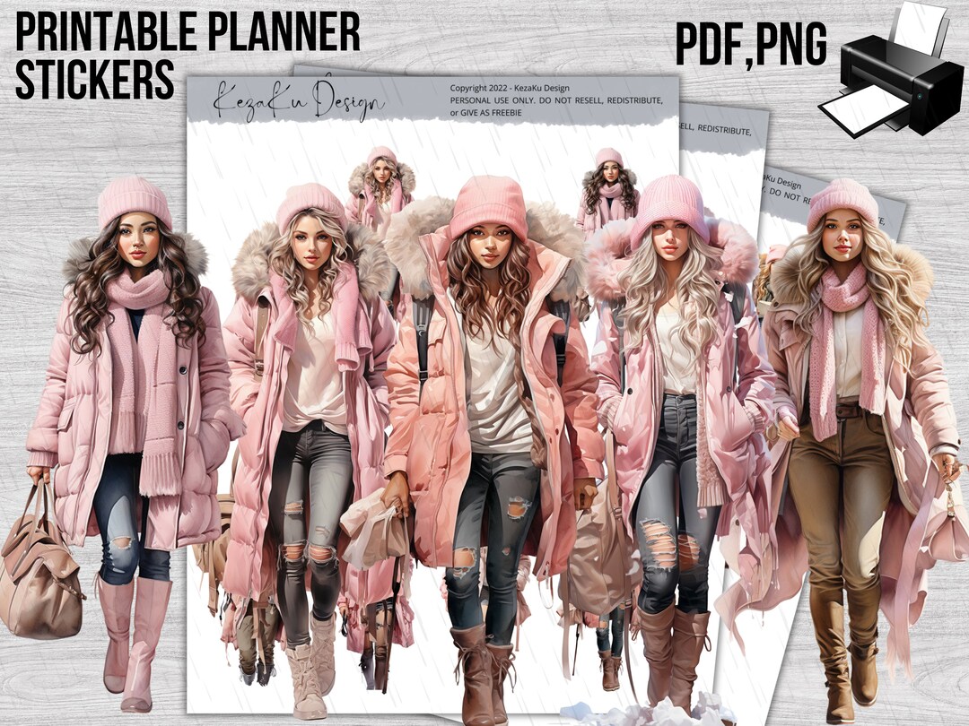 PRINTABLE Pink Winter Girls Stickers, Pink Fashion Girl Deco Stickers ...