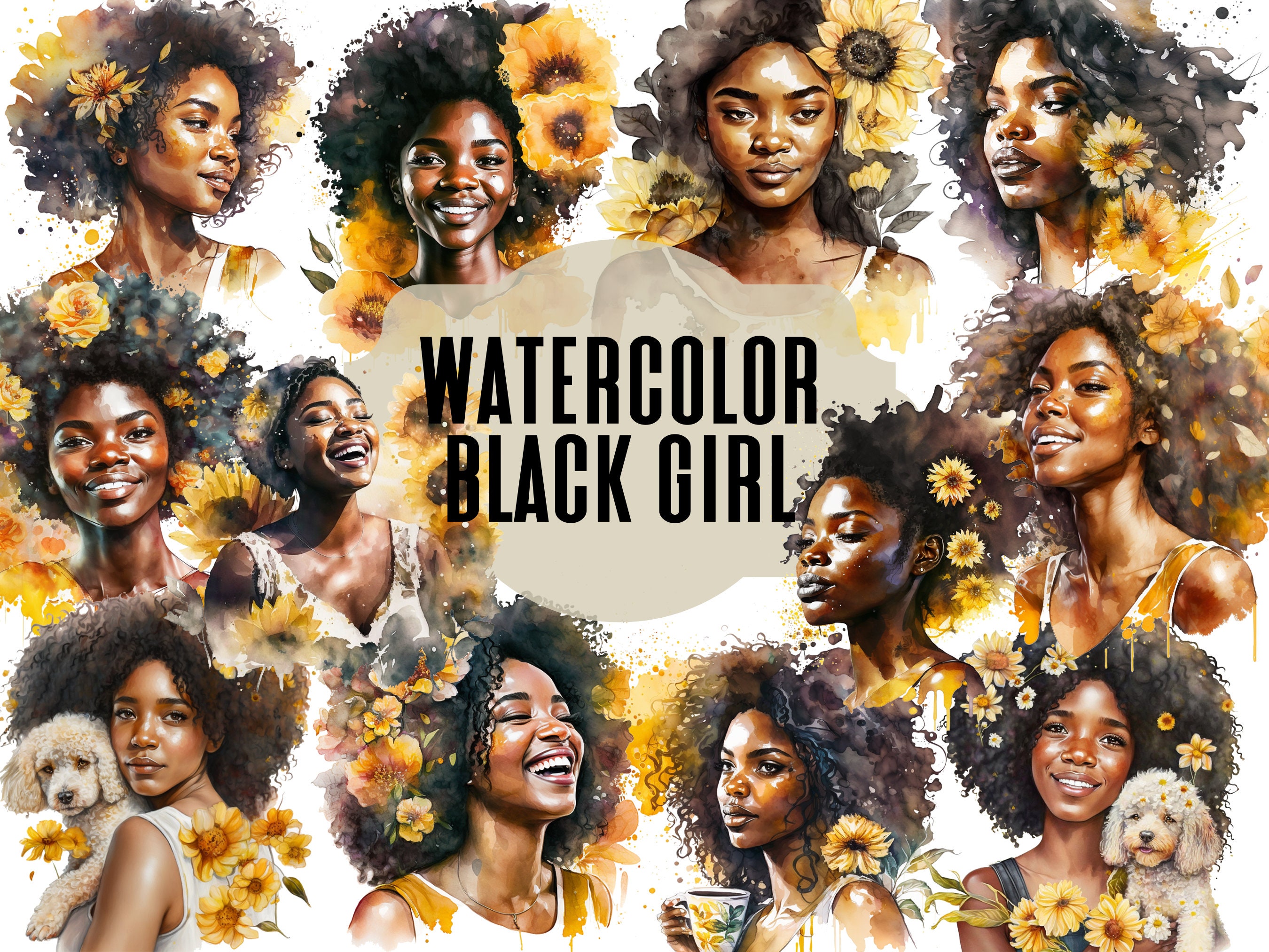 Black Girl With Sunflower Clipart, American African Clipart, Watercolor ...