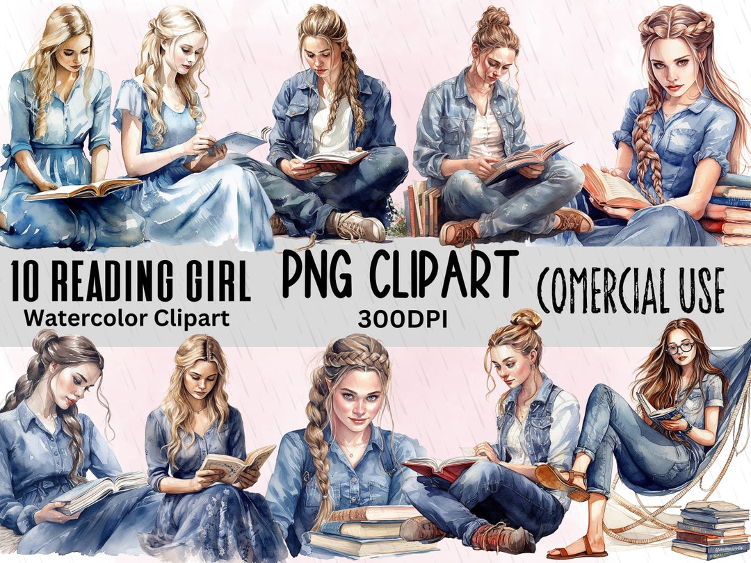 Reading Girl Clipart, Reading Woman Clipart, Watercolor Reading Girl ...