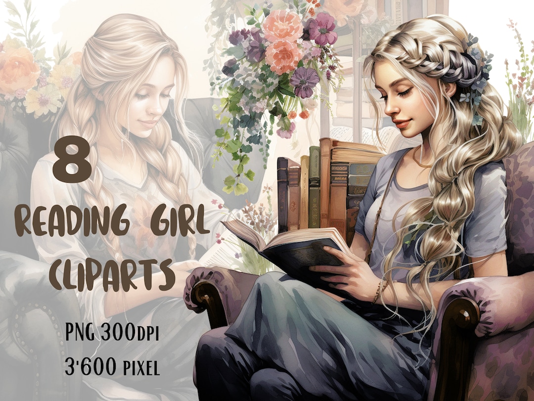 Reading Girl Clipart, 8 Watercolor Reading Girl Clipart, Reading Girl ...
