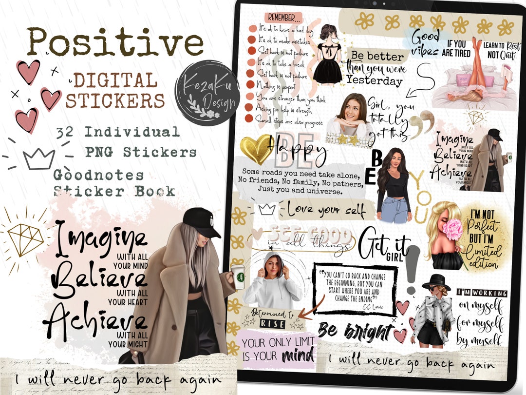 Positive Girl Digital Stickers, Positive Quote Digital Stickers ...