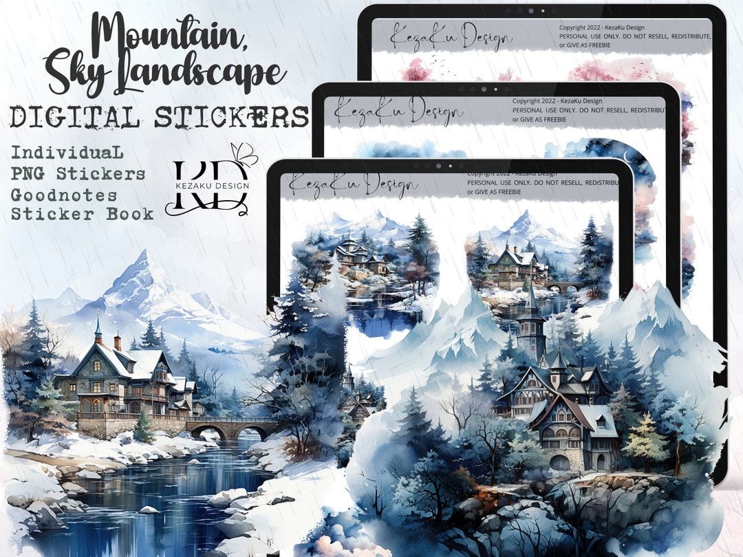 Watercolor Mountain Sky Landscape Digital Sticker, Watercolor Sky ...