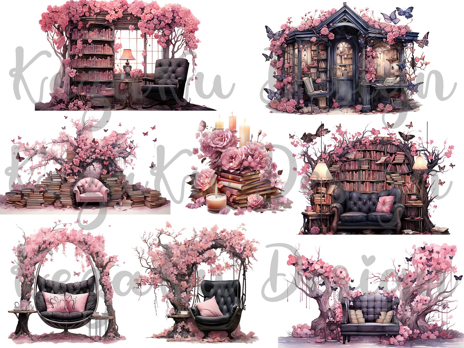 Pink Rose Reading Nook Cliparts, Gothic Reading Corner Cliparts, Pink ...