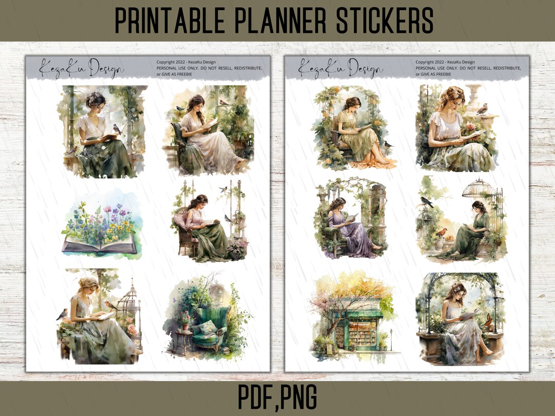 PRINTABLE Reading Girl Stickers, Printable Planner Stickers, Green ...