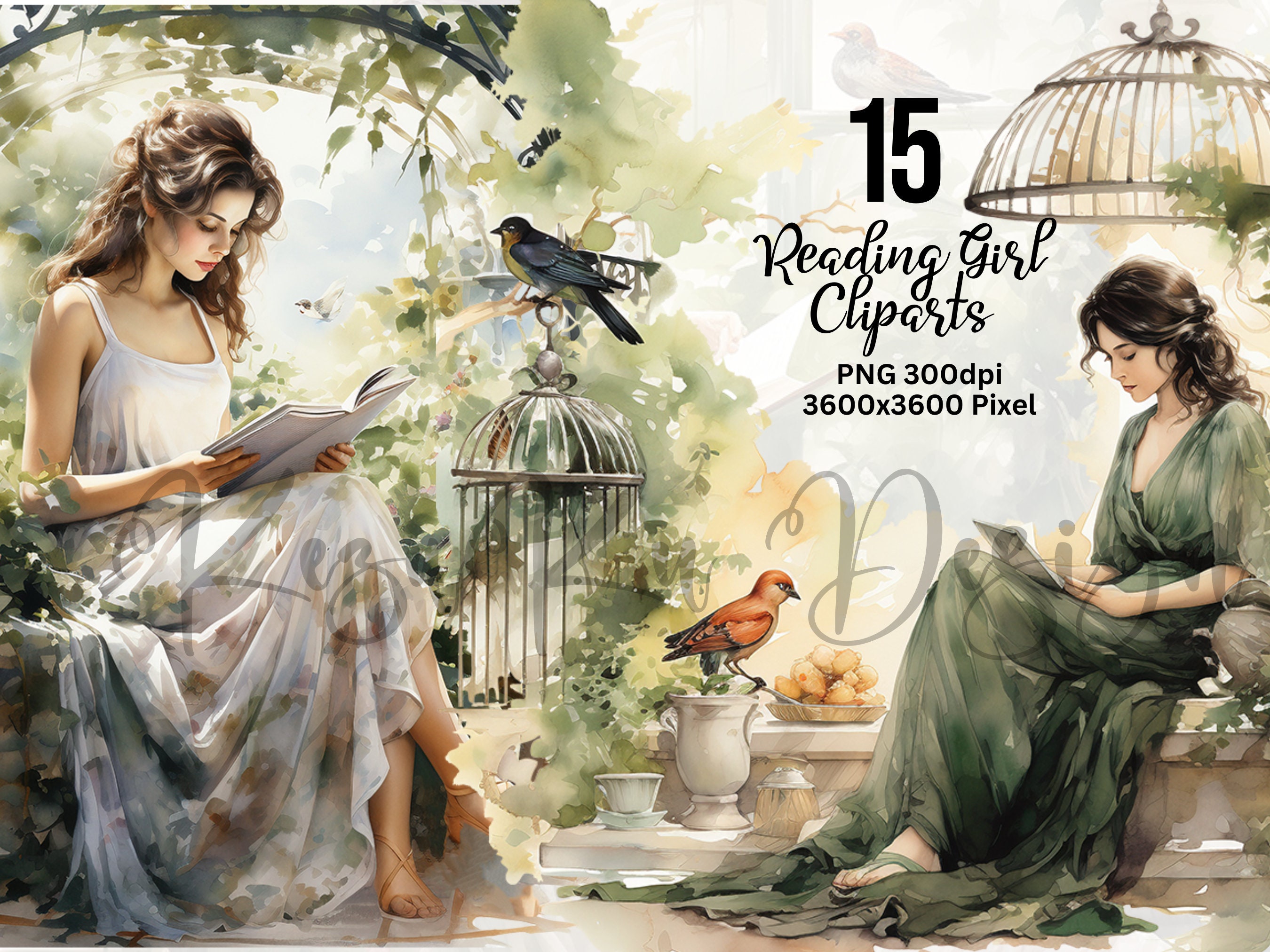 Reading Girl Clipart, Reading Woman Clipart, Watercolor Reading Girl ...