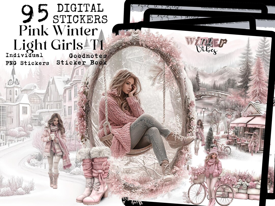 Pink Winter Light Skin Girl Digital Stickers, Winter Planner Stickers ...