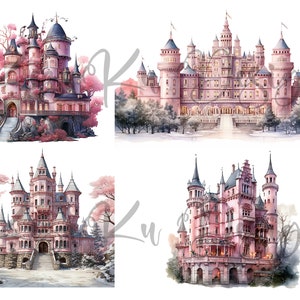 Pink Castle Cliparts Type 1, Watercolor Castle Cliparts, Castle PNG ...