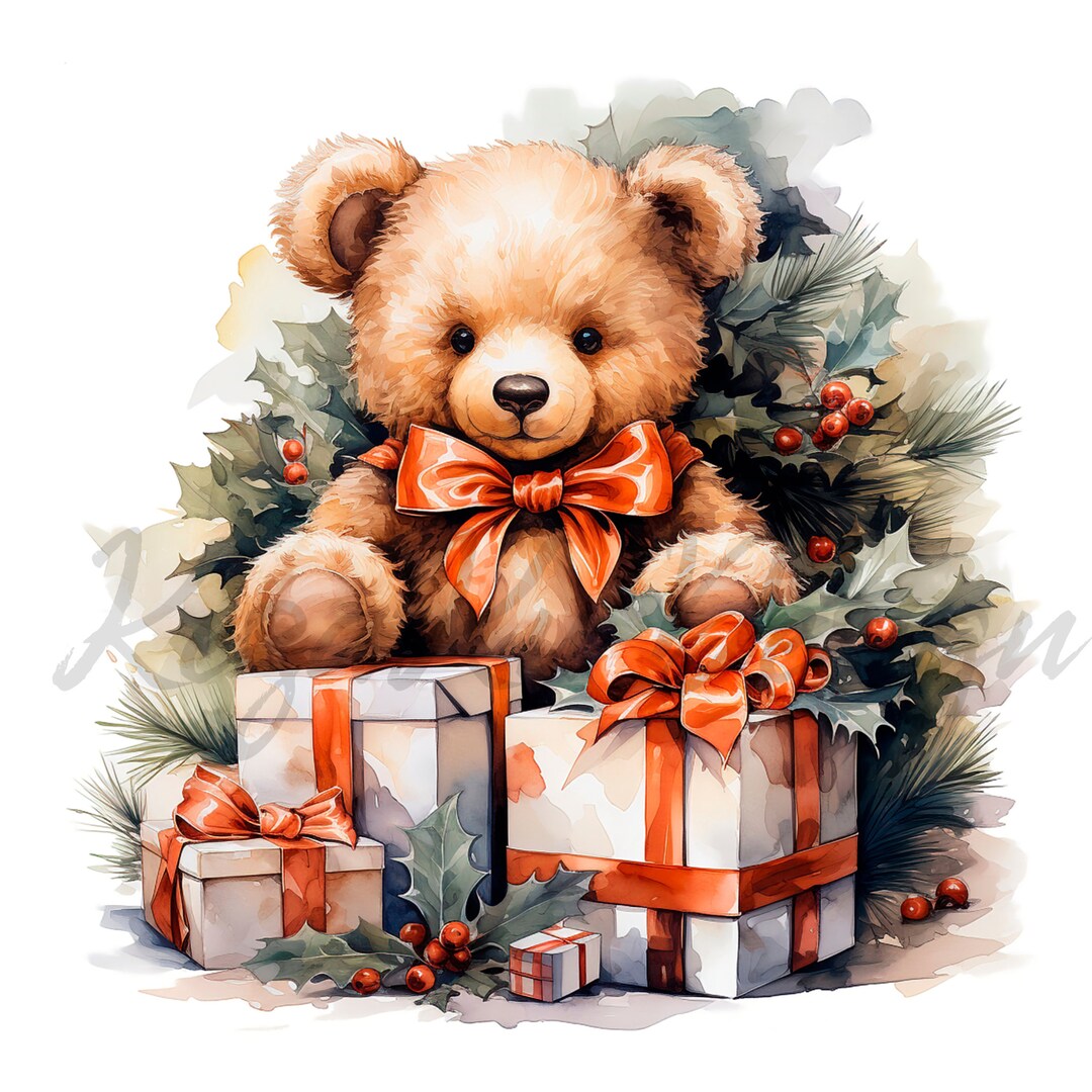 Christmas Teddy Bear Clipart 12 High-quality JPG, Watercolor Christmas ...