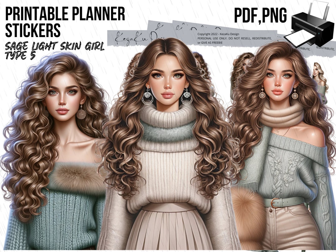 PRINTABLE Sage Light Skin Girl Stickers, Light Skin Winter Girl PDF-PNG ...