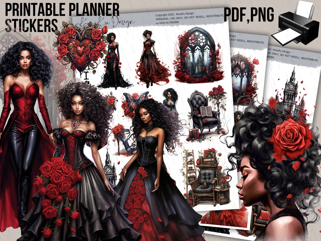 Red Roses Girl PRINTABLE Stikers, Ghotic Stickers, Instant Download ...