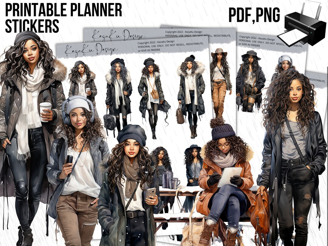 PRINTABLE Winter Black Girl Stickers T2, Black Girl Printable Stickers ...
