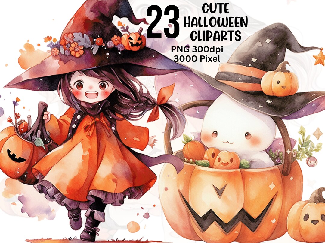 Watercolor Halloween Witch Clipart, Cute Halloween Clipart, Halloween ...