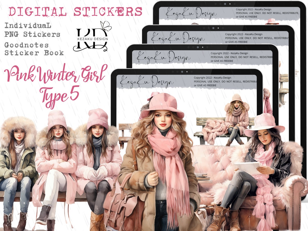 Pink Winter Girls Type 5 Digital Stickers, Winter Girl Digital Stickers ...