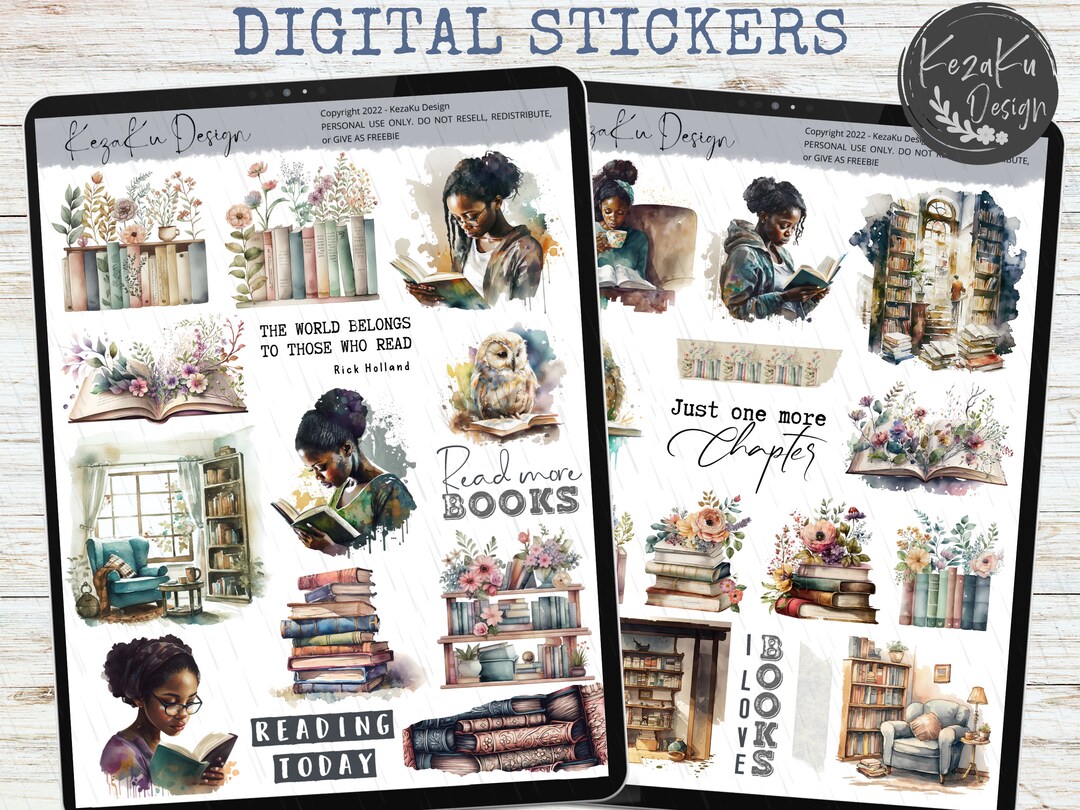 Reading Black Girl Stickers, Watercolor Book Goodnotes, Reading Digital ...