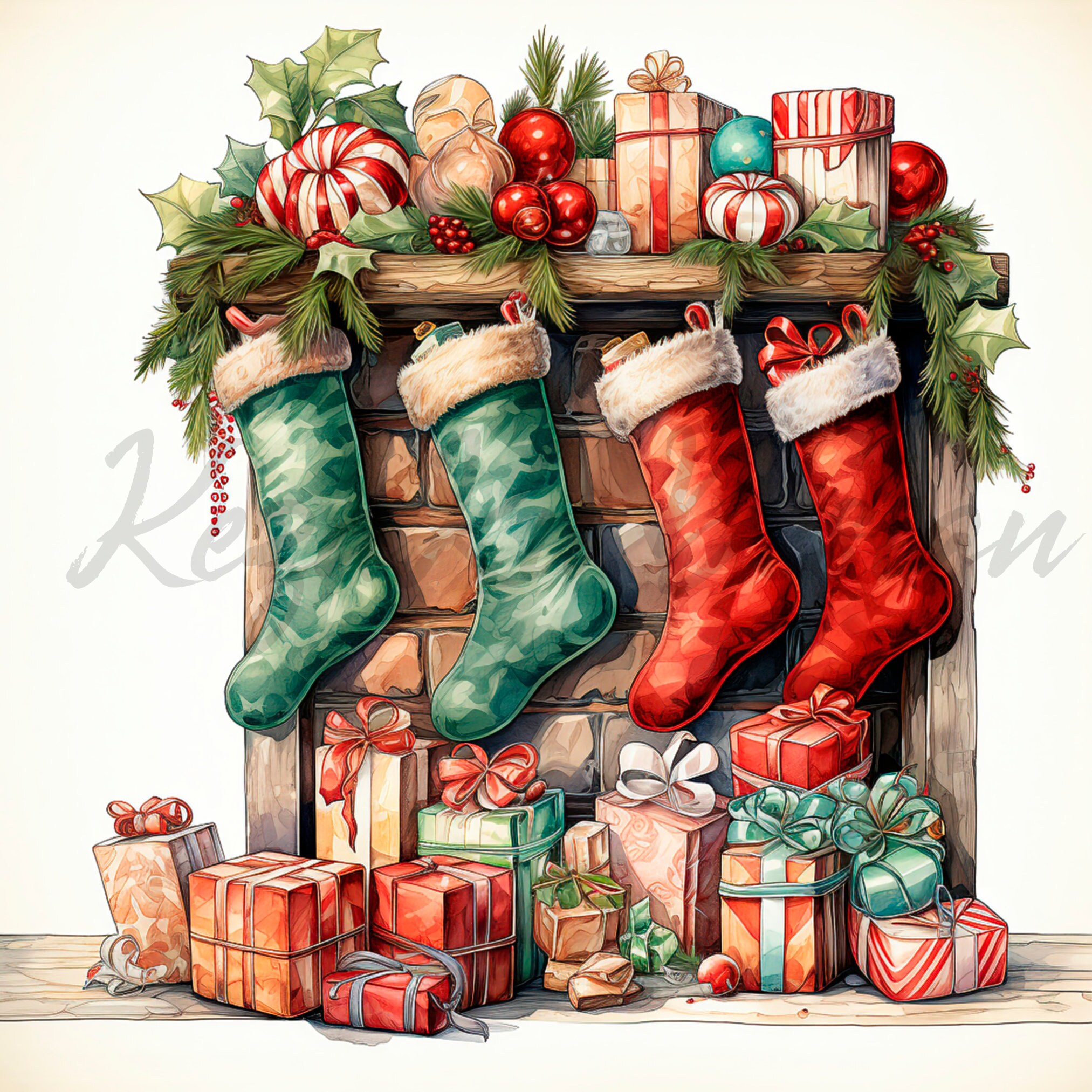 Christmas Sock Clipart 12 High Quality JPG, Merry Christmas, Watercolor ...