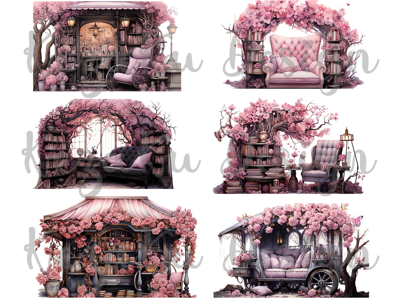 Pink Rose Reading Nook Cliparts, Gothic Reading Corner Cliparts, Pink ...