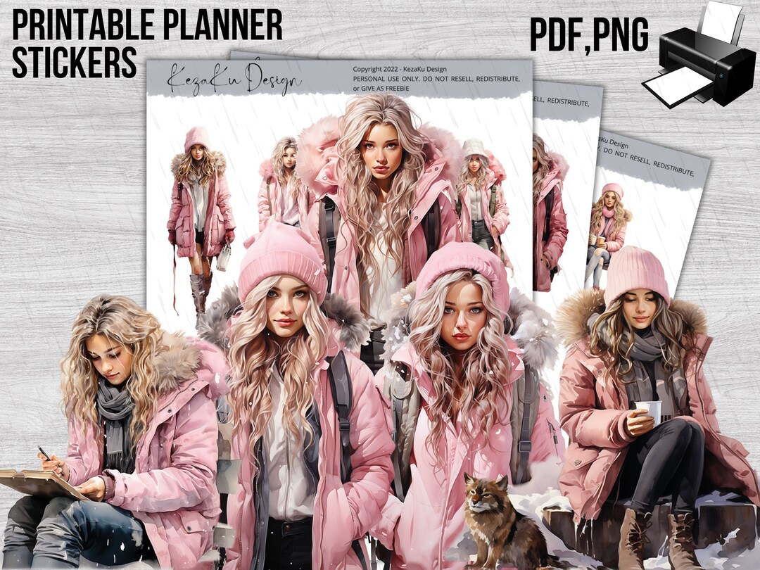 PRINTABLE Pink Winter Girls Stickers 2, Fashion Girl Deco Stickers ...