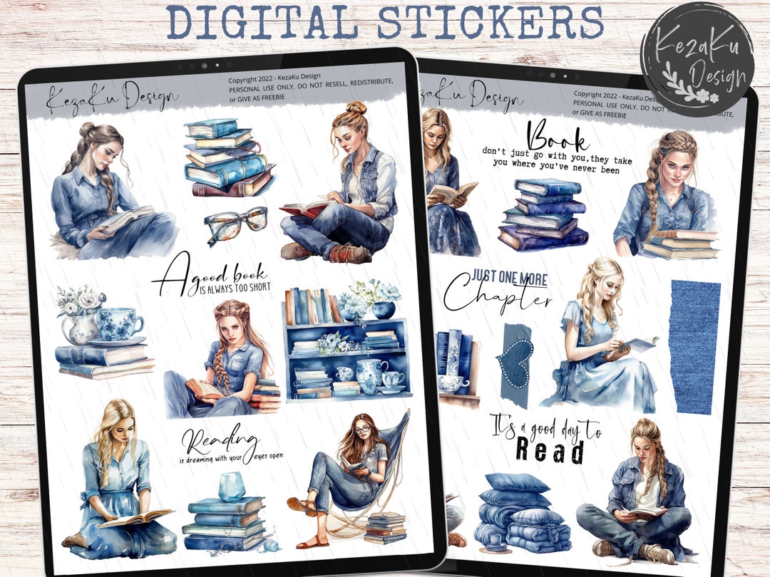 Reading Digital Stickers, Reading Girl Stickers, Goodnotes Stickers ...