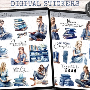 Reading Digital Stickers, Reading Girl Stickers, Goodnotes Stickers ...
