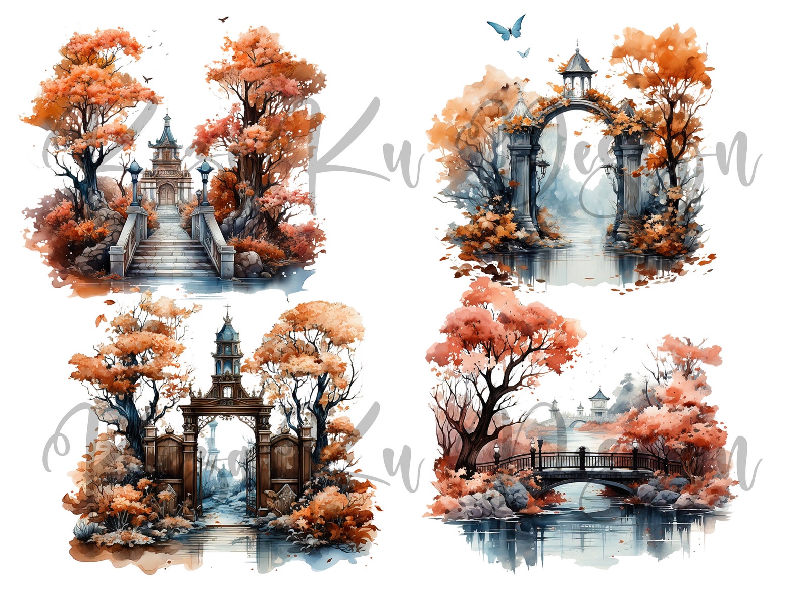 Autumn Gate Cliparts, Watercolor Gate Cliparts, Autumn Element Cliparts ...