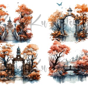 Autumn Gate Cliparts, Watercolor Gate Cliparts, Autumn Element Cliparts ...