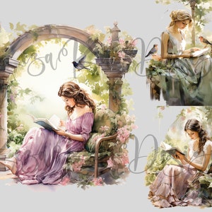 Reading Girl Clipart, Reading Woman Clipart, Watercolor Reading Girl ...
