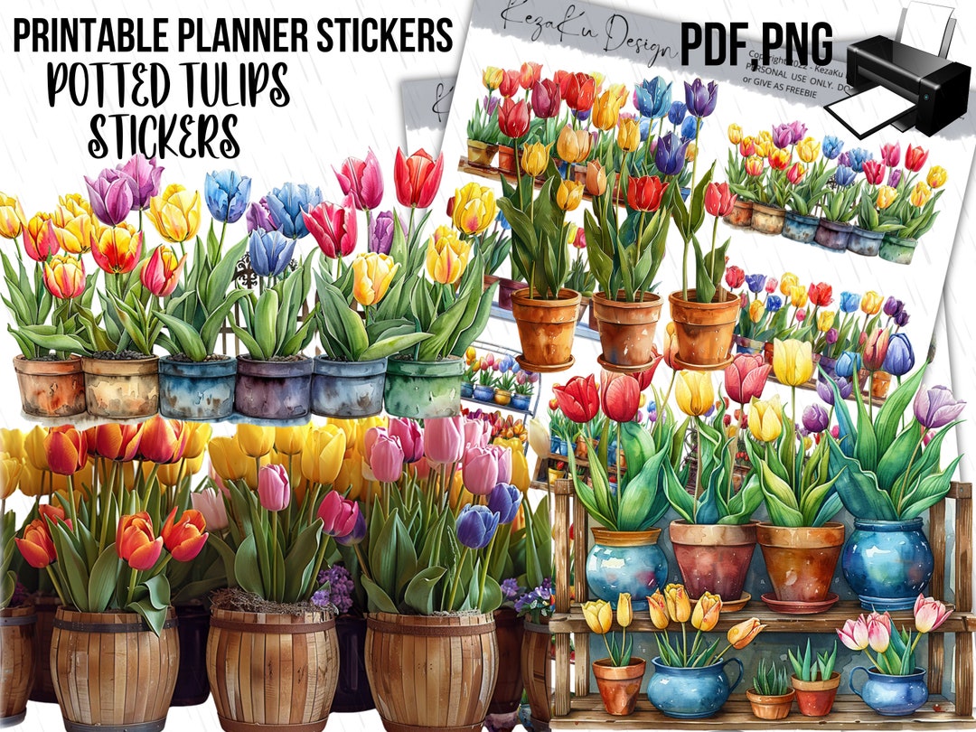 PRINTABLE Potted Tulips Sticker, Beautiful Tulips Potted Sticker ...