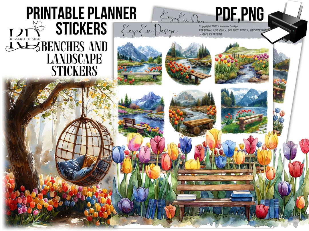 PRINTABLE Benches and Landscape Stickers, Beautiful Benches and ...