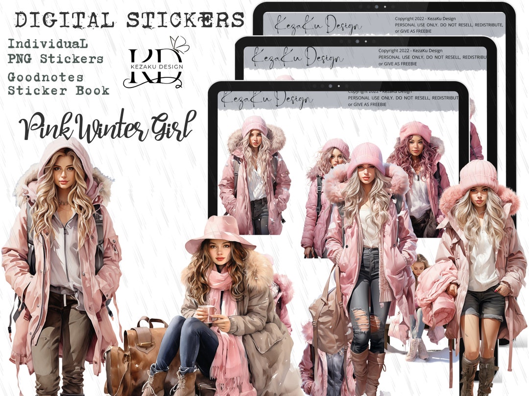 Pink Winter Girls Type 1 Digital Stickers, Winter Girl Digital Stickers ...