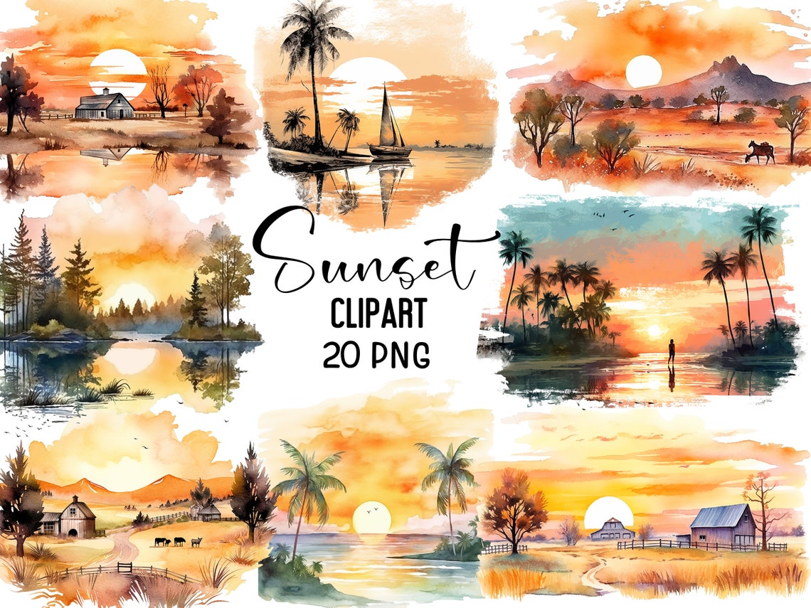 Sunset Clipart Beach Clipart Sunset PNG Watercolor Sunset - Etsy UK