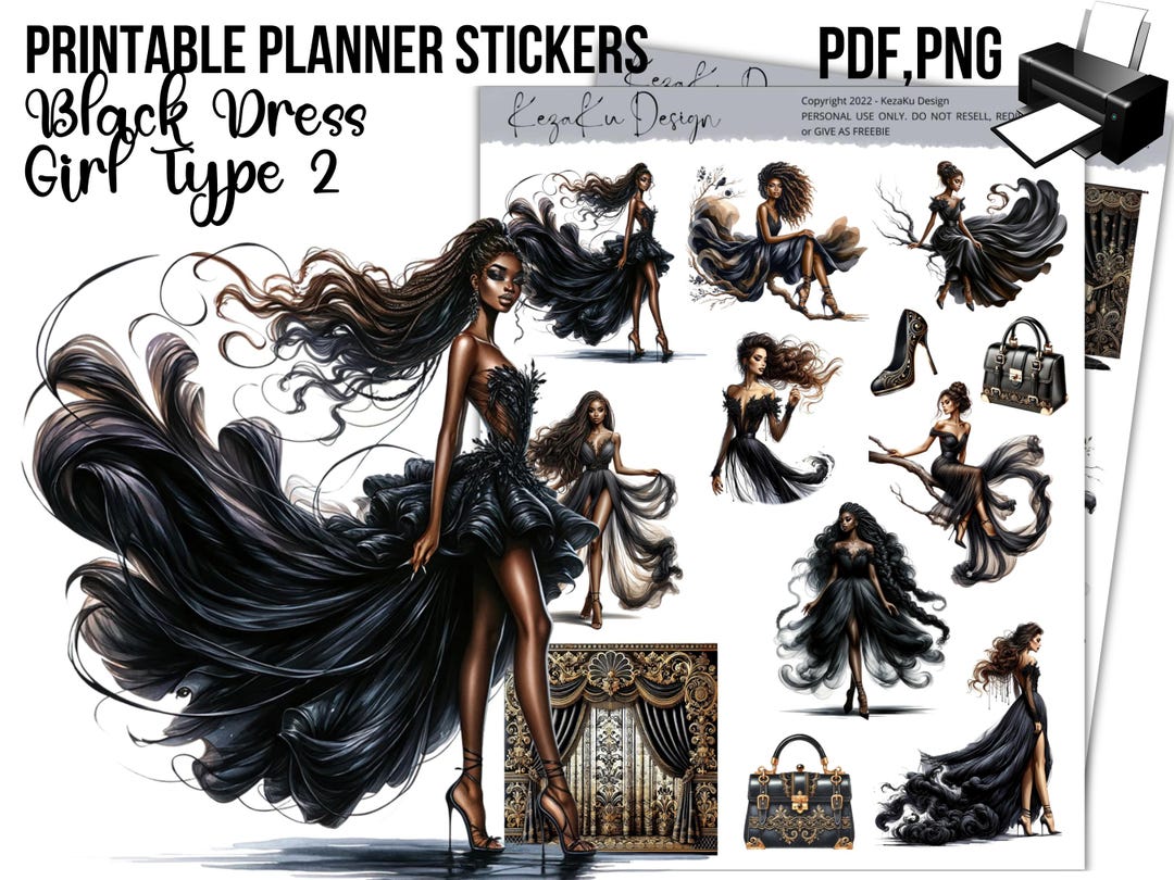 PRINTABLE Black Dress Girl Stickers-t2, Black Dress Girl Sticker Sheets ...