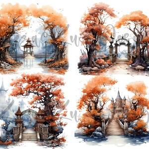 Autumn Gate Cliparts, Watercolor Gate Cliparts, Autumn Element Cliparts ...