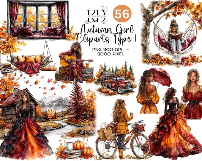 10 Little Girl in Autumn Clipart, Printable Watercolor Clipart, High ...