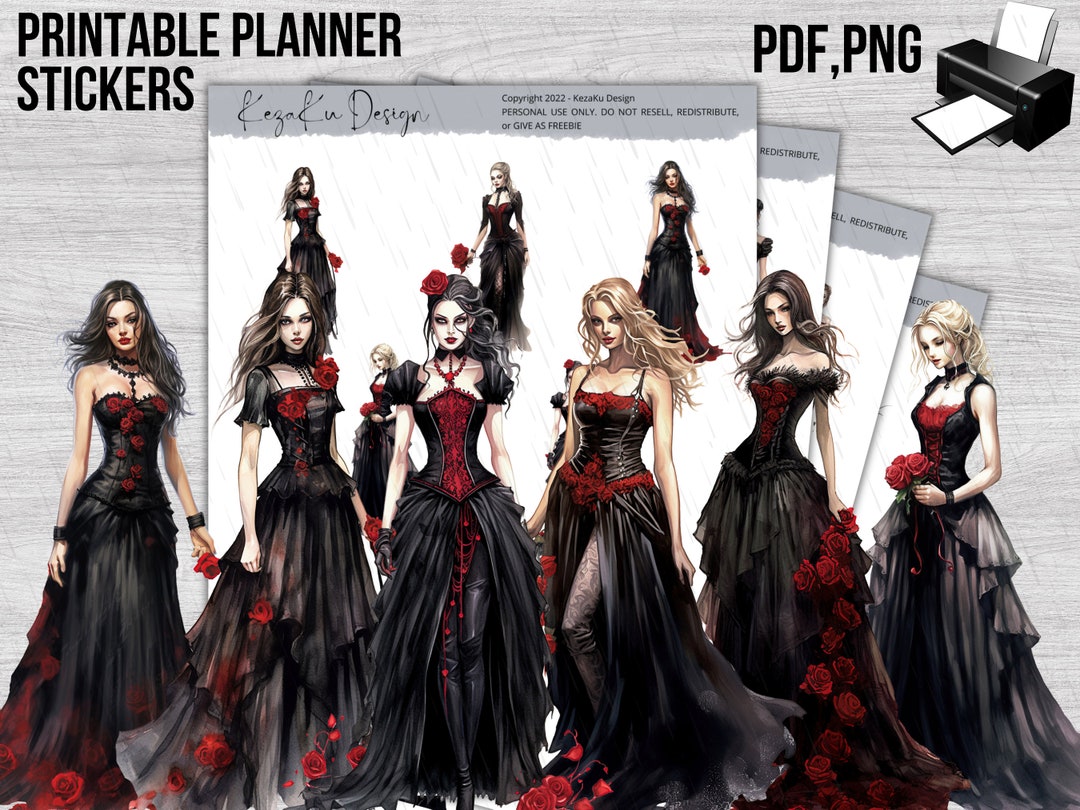 PRINTABLE Gothic Girls Stickers 3, Dark Gothic Stickers, Cozy Journal ...